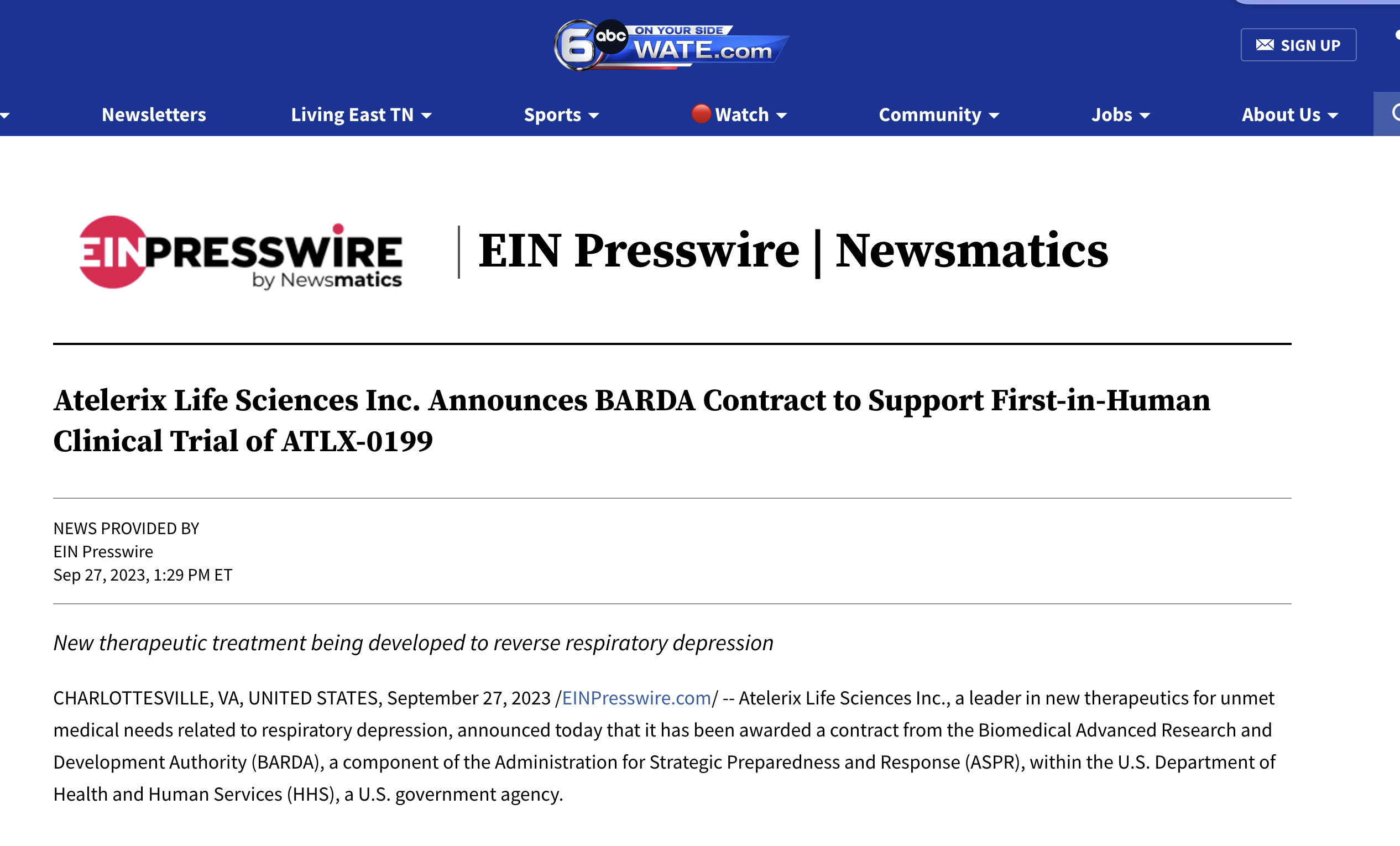 Atelerix Life Sciences Inc. Announces BARDA Contract to Support First ...